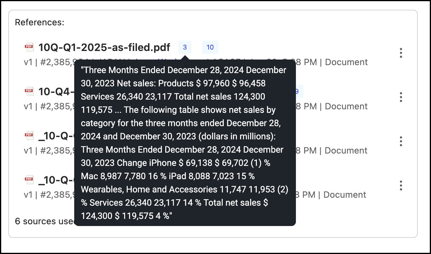 Viewing document references for the question asked