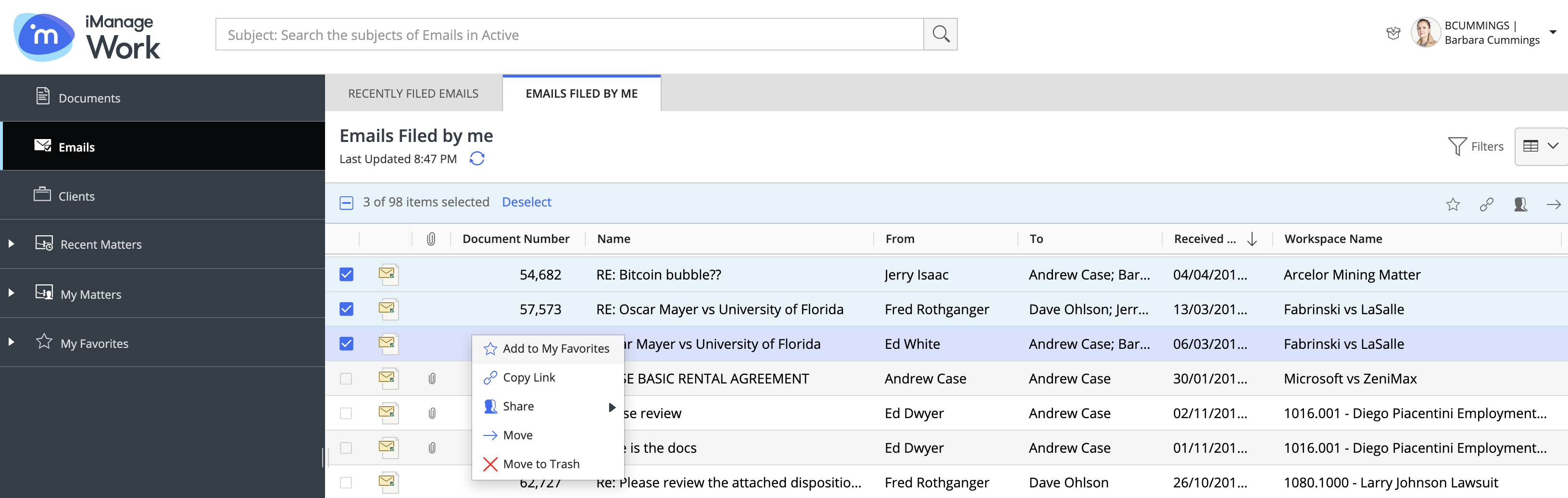 Selecting multiple documents/emails and move to trash (or delete)