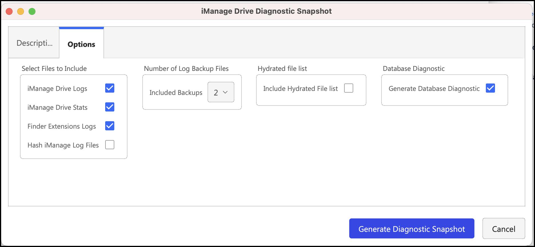 Generating database snapshots using diagnostic tool