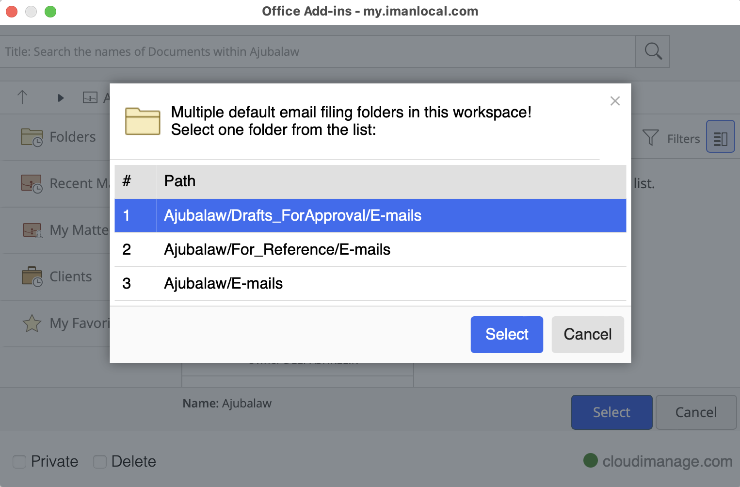 Filing to the default email filing folder in a workspace