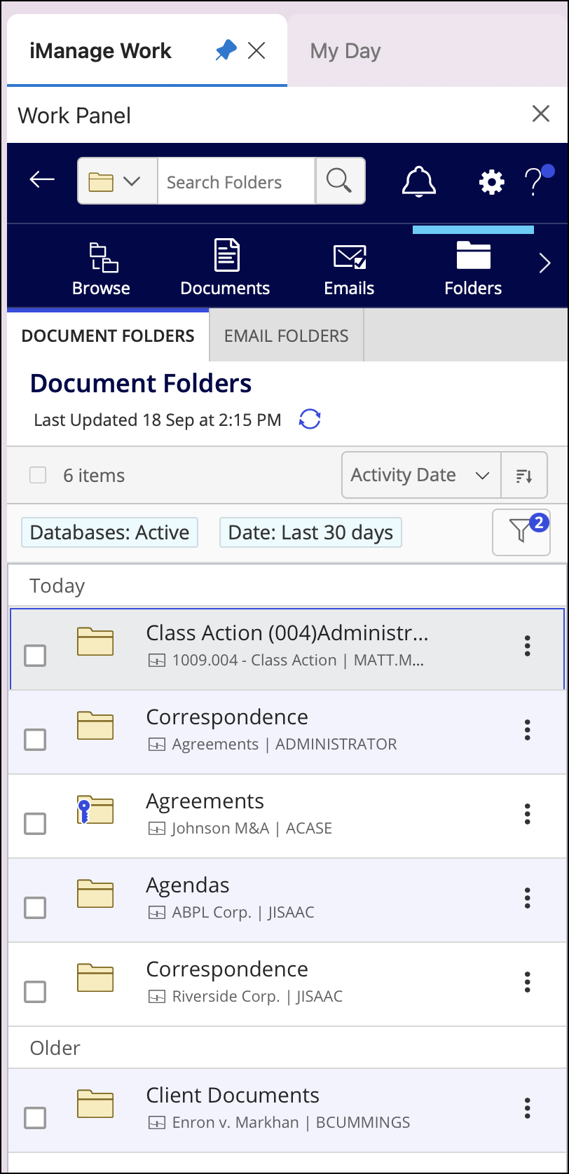 Filing emails and accessing files using the iManage Work view